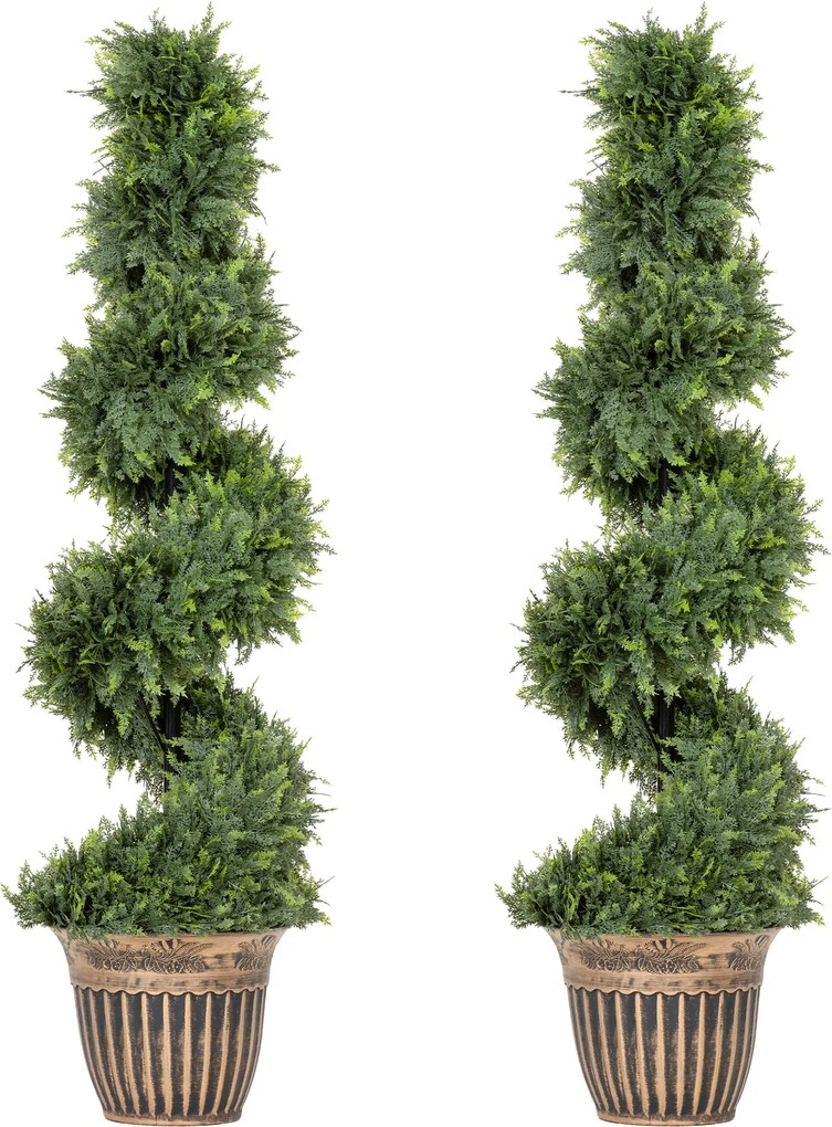 HOMCOM Spirálovitá cypřiš, sada 2 umělých rostlin, s květináčem, výška 120 cm, zelená