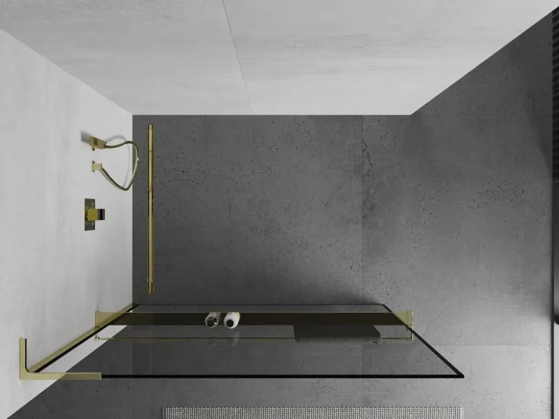 Mexen Kioto+ L, sprchová zástěna Walk-In s poličkou a věšákem 60 x 200 cm, 8mm čiré sklo černý vzor, ​​zlatý lesklý profil, 800-060-123-50-70