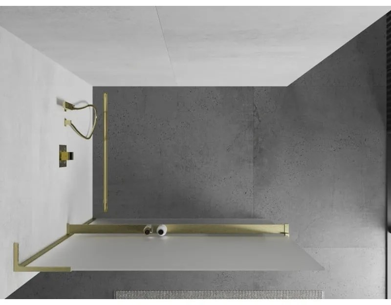 Mexen Kioto+ L, sprchová zástěna Walk-In s poličkou a ramínkem 100 x 200 cm, 8mm sklo námraza, zlatý matný profil, 800-100-123-55-30