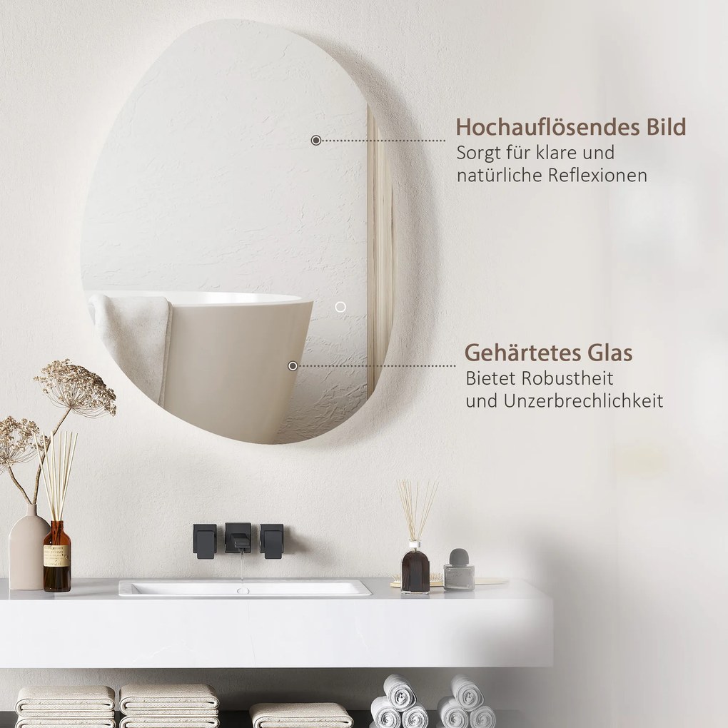 HOMCOM 70 x 50 cm asymetrické koupelnové zrcadlo s LED osvětlením, dotykový ovladač Smart Touch, proti zamlžení, stříbrná