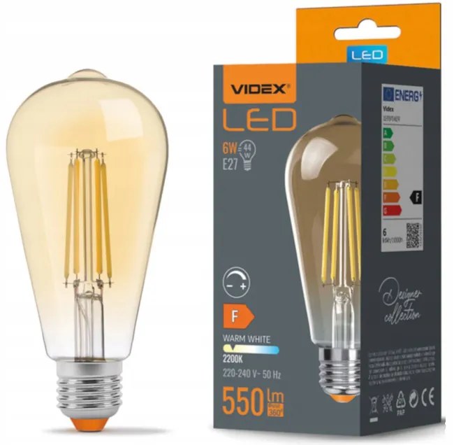 VIDEX LED žárovka filament AMBER - E27 - 6W - ST64 - stmívatelná - teplá bílá