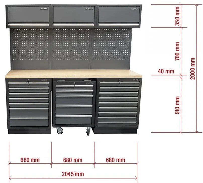 AKČNÍ SET Sestava 6 ks dílenského nábytku SET-CA01081 s dřevěnou pracovní deskou MB-TGW80