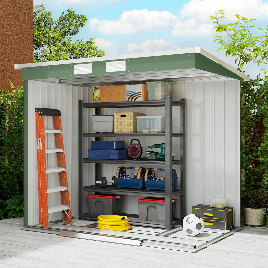 Outsunny Nástrojová Kůlna 2,42 m² - Zahradní Dům s Ventilačním Oknem a Posuvnými Dveřmi, 213 x 130 x 159/172 cm, Kůlna z Pozinkované Oceli, Voděodoln…