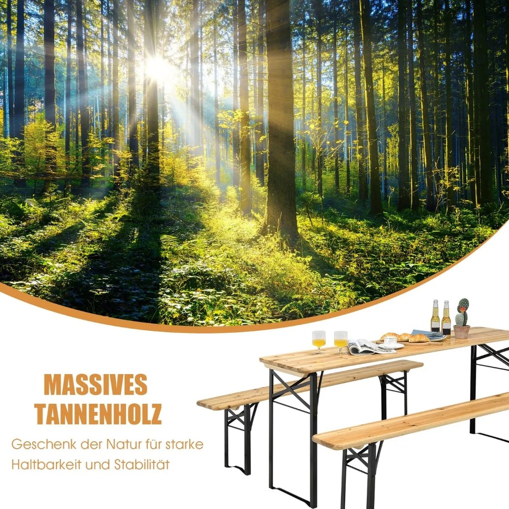 Costway 178 cm dlouhý pivní stůl se sedadly 3dílný skládací a lavička, přírodní