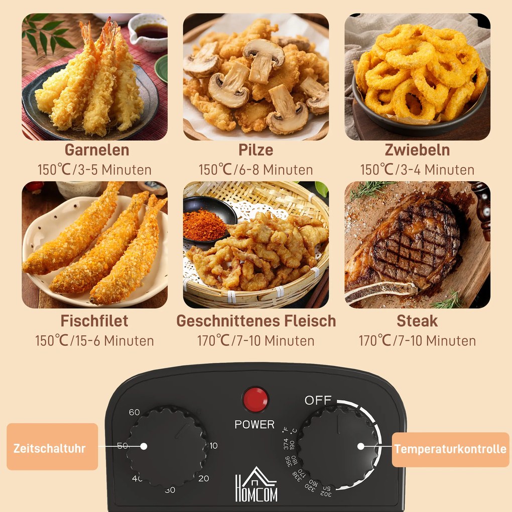 HOMCOM Fritéza, kapacita oleje 5 l, časovač, okénko, výkon 2000 W, stříbrná barva