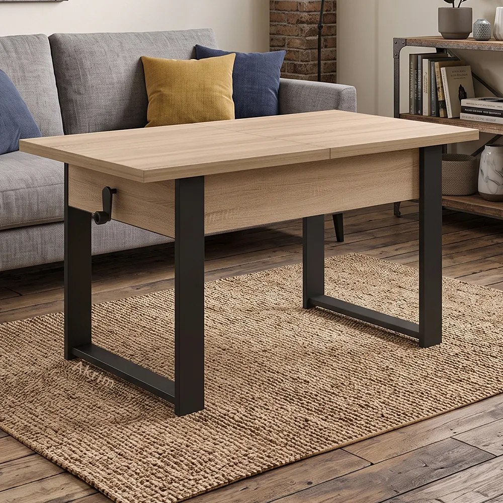 Rozkládací polohovací konferenční stolek HOGO 3v1 | 120-157x62,5-74,5x67 cm | síla horní desky 32 mm | dub sonoma/černé nohy