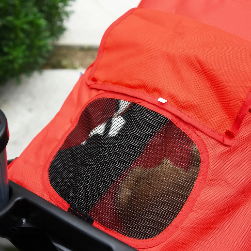 Skládací kočárek pro psy PawHut s 3 koly, síťovanými okny, košíkem a bezpečnostními popruhy, nosnost 25 kg, rozměry 109,5x57,5x106,5 cm, červený