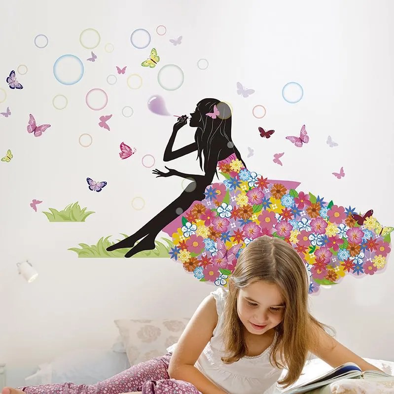 PIPPER | Samolepka na zeď "Sedící dívka s motýly" 132x88 cm