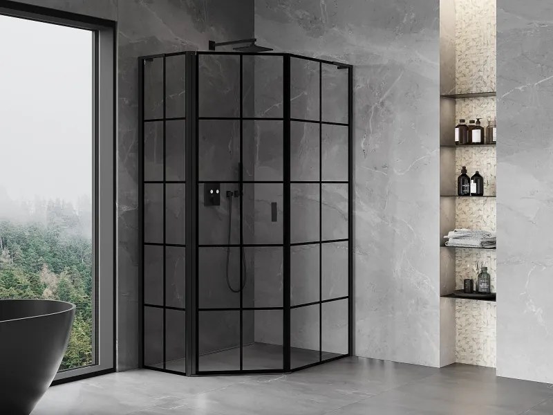 Mexen Mist L, pětiúhelníkový sprchový kout s křídlovými dveřmi, 80 x 90 cm, 8mm čiré sklo, černý profil, 8A8L-080-090-70-77-L