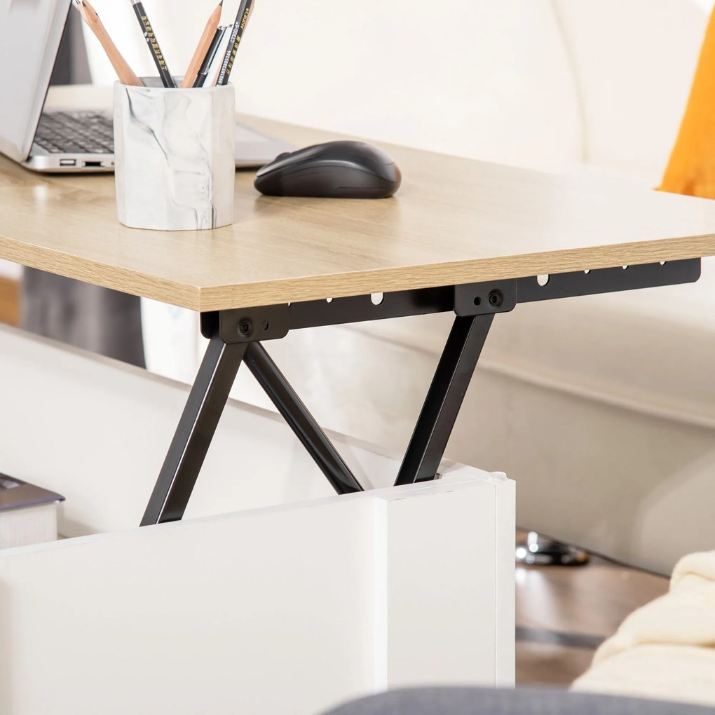 HomCom Zvedací Konferenční Stolek s Skrytým Úložným Prostorem 100x50x45-58.5 cm Bílý a Přírodní