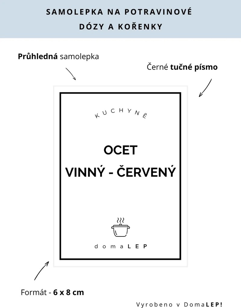 Samolepka na láhev OCET VINNÝ - ČERVENÝ – průhledná, 6 x 8 cm, tučné písmo