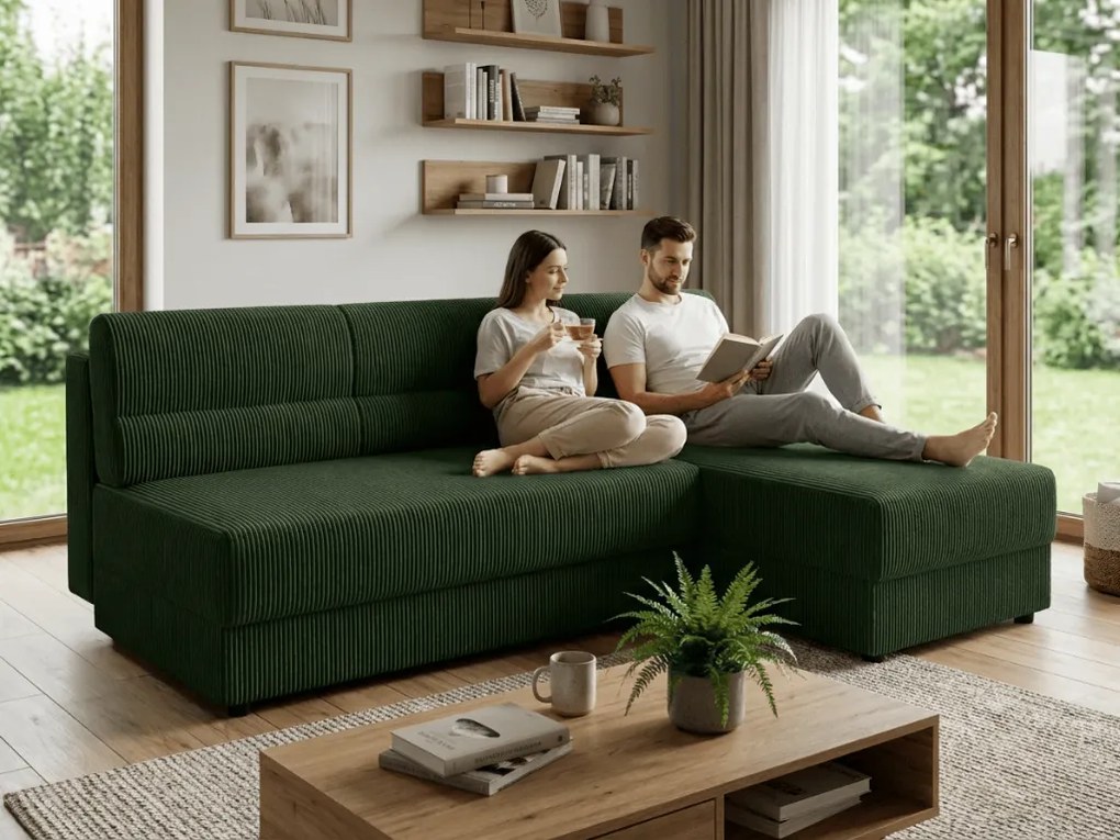 Rozkládací oboustranná sedací souprava do L TAVERO SLIM 201x140 cm, tmavě zelená