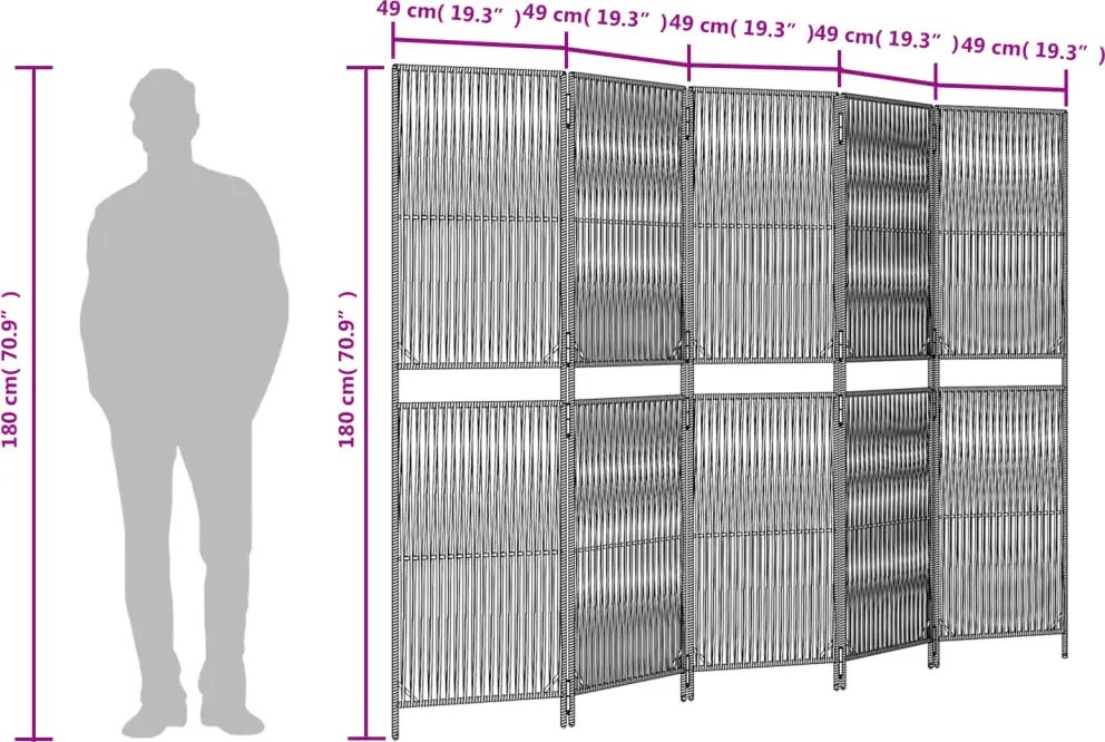 vidaXL Dělicí stěna 5 panelů polyratan [365380] Barva: Hnědá
