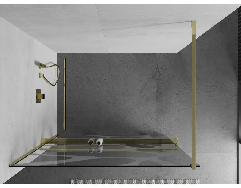 Mexen Kioto+, sprchová zástěna s poličkou a držákem na ručníky 100 x 200 cm, 8mm čiré sklo vzor bílý, zlatý profil 800-100-121-50-97