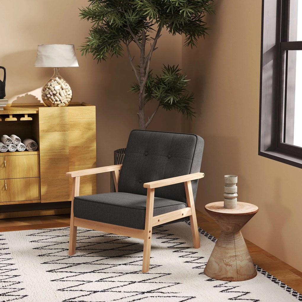 HOMCOM Samostatné Křeslo Lounge s Čalouněním a Dřevěným Rámem, Lněné Šedé 64,5 x 70 x 74 cm