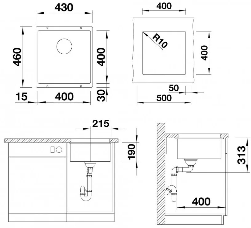 Blanco Subline 400-U, silgranitový dřez pod pracovní desku 400x400x190 mm, 1-komorový, antracitová, BLA-523422