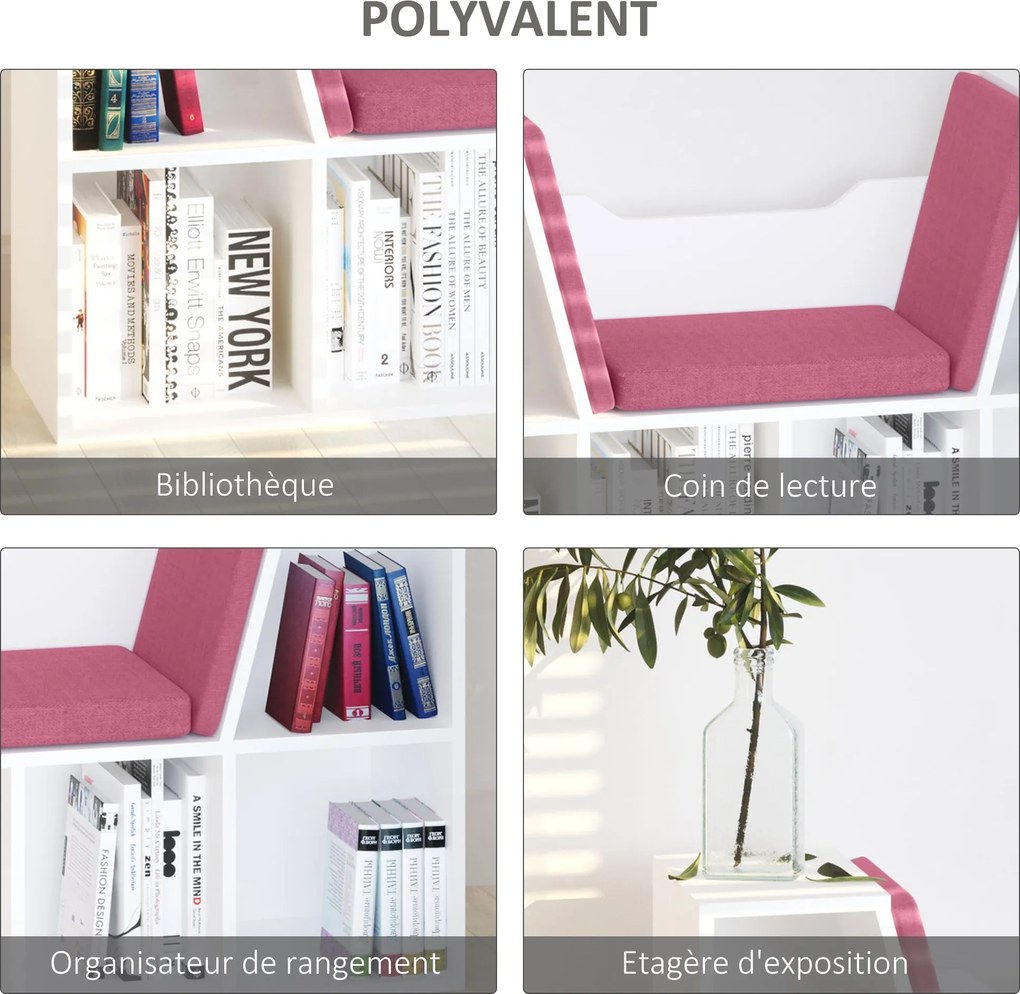 HOMCOM Moderní Design 2-v-1 Knihařská Lavice s 6 Úložnými Prostředky a 3 Polštářky 102L x 30W x 61H cm Bílá Růžová