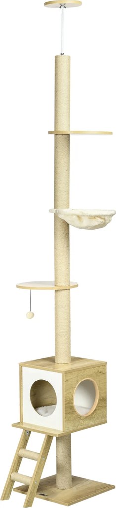 PawHut Kočičí Strom, Strop-Na-Podlahu Škrabací W, 240-260 cm, Lezecký Strom s Kočičím Domkem, Sloupky s Jutovým Provázkem, Houpací Síť, Kočičí Žebřík,