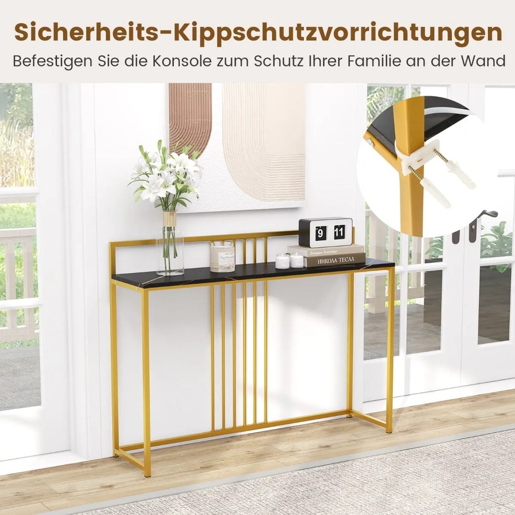Costway Moderní stolek do chodby 120 cm s mramorovým vzhledem a zlatým kovovým