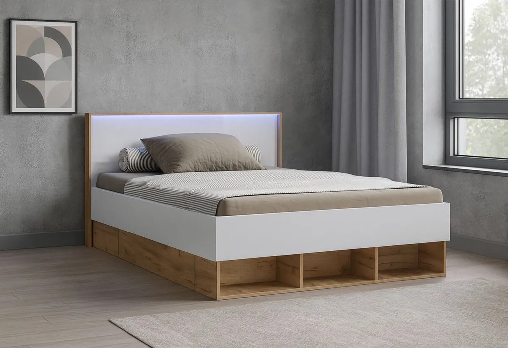 Postel Junior 1,2×2,0 s šuplíky, dub kraft / bílá Asti