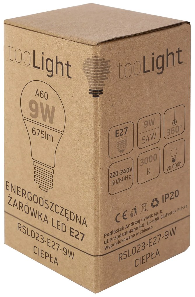 Toolight Toolight, LED žárovka E27, 9W, 675lm, 3000K teplá, RSL023, OSW-20008
