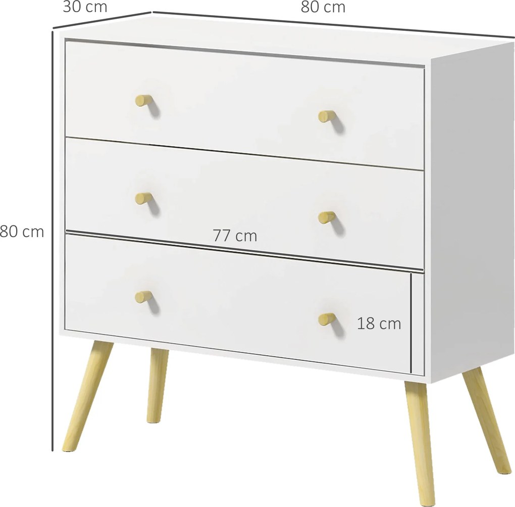 HOMCOM Komoda se 3 zásuvkami do ložnice s nohami z borovicového dřeva pro obývací pokoj, kancelář, ložnici, nosnost 70 kg, 80x30x80 cm, bílá