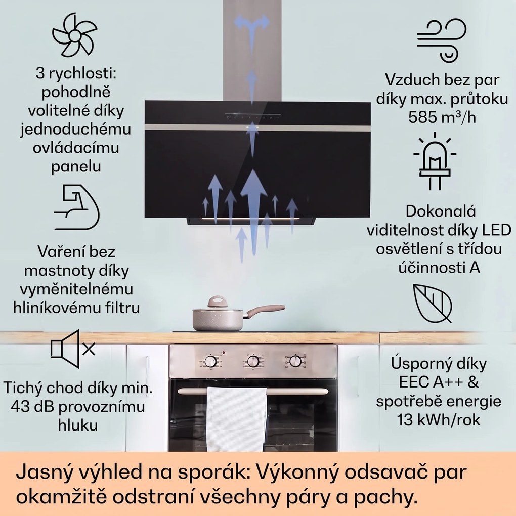 Klarstein Ava 90 Smart, digestoř, 90 cm, nástěnná, Wi-Fi, A++, 585 m³/h, dotykový displej