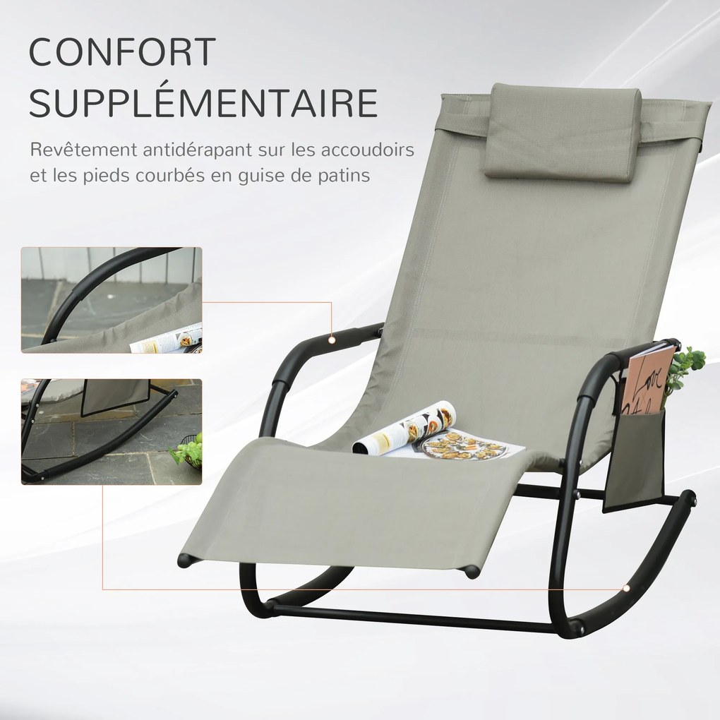 Ergonomické houpací křeslo Outsunny - odnímatelný polštářek, opěrky na ruce, úložný pocket - světle šedý kovový epoxidový textilene | Aosom