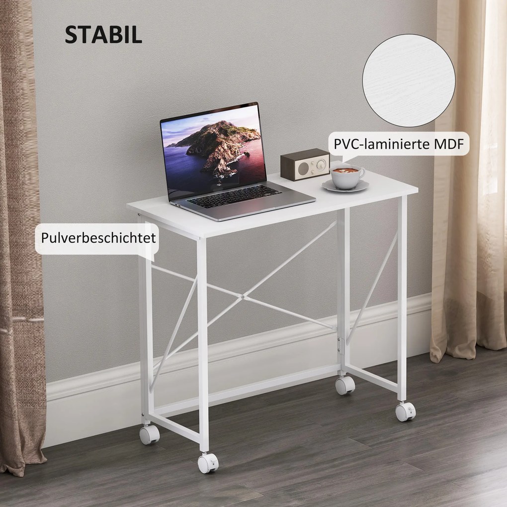 HOMCOM skládací počítačový stůl na kolečkách, 80 × 40 × 75 cm — bílý