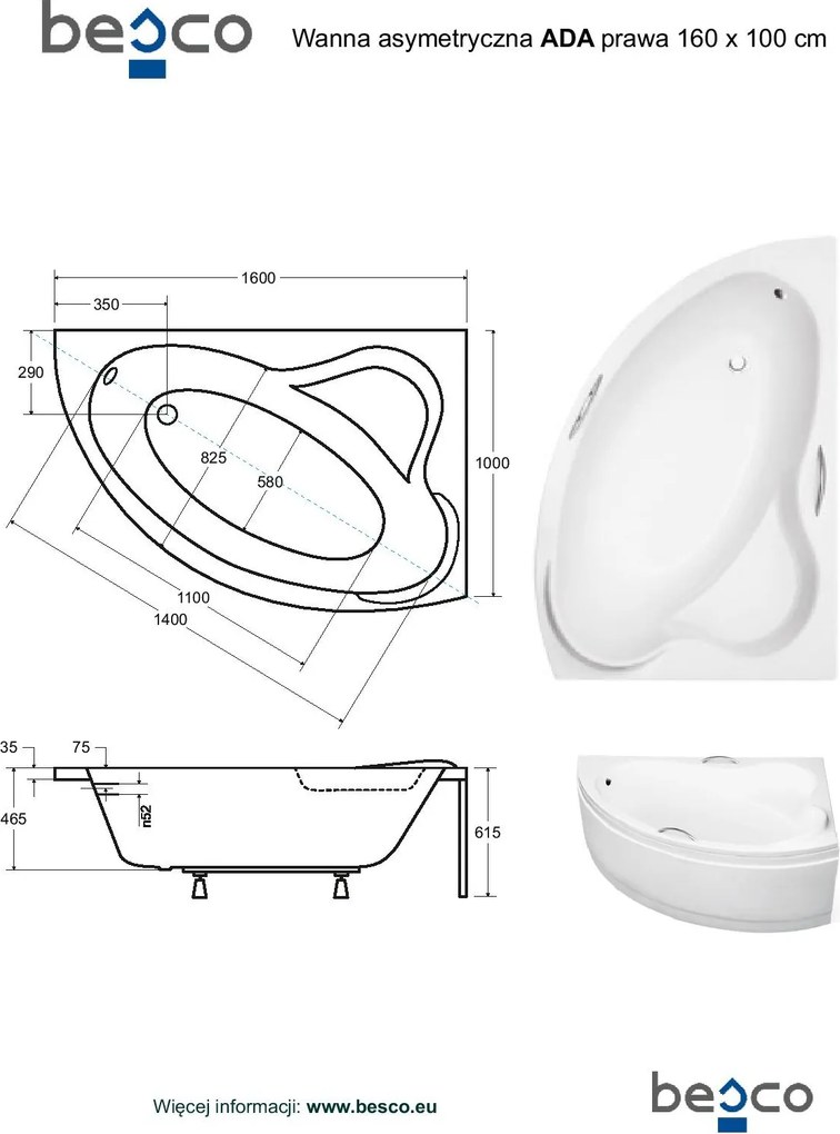 Besco ADA 160 cm VANADA160P vana bez nožiček pravá Koupelny Bernold