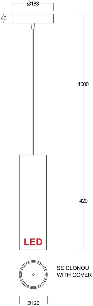 Osmont Kuma S2, závěsné svítidlo z triplexového skla s černým závěsem, LED 41W 3000K, IP20, prům.12cm, výška 42cm