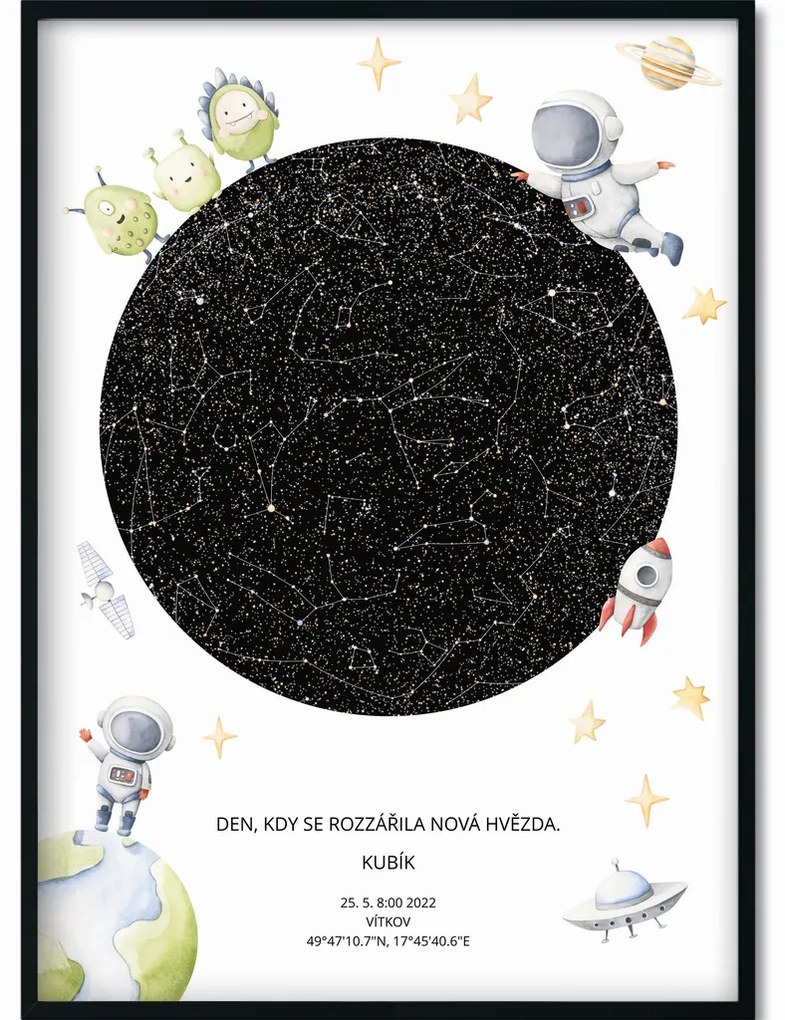 Jen tak z lásky Hvězdná mapa Vašeho životního okamžiku Rozměr plakátu: 30 × 40 cm (tištěný plakát), Barva pozadí: Malý princ, Volba rámu: Černý dřevěný rám