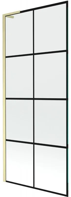 Mexen Next L, 1-křídlová vanová zástěna 80 x 150 cm, 6mm čiré sklo-černý vzor, zlatý matný profil, 895-080-000-03-77-55
