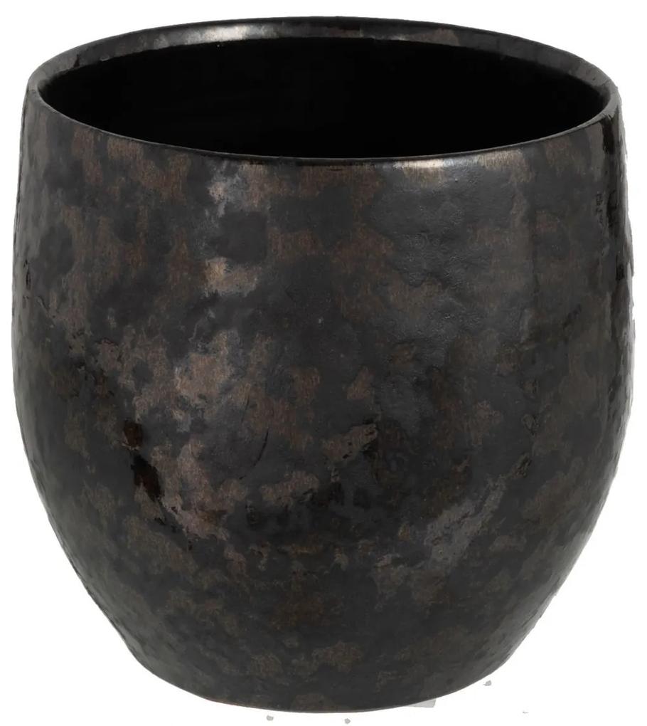 Kouřovo-stříbrný antik keramický květináč Smokey - Ø 18*18cm