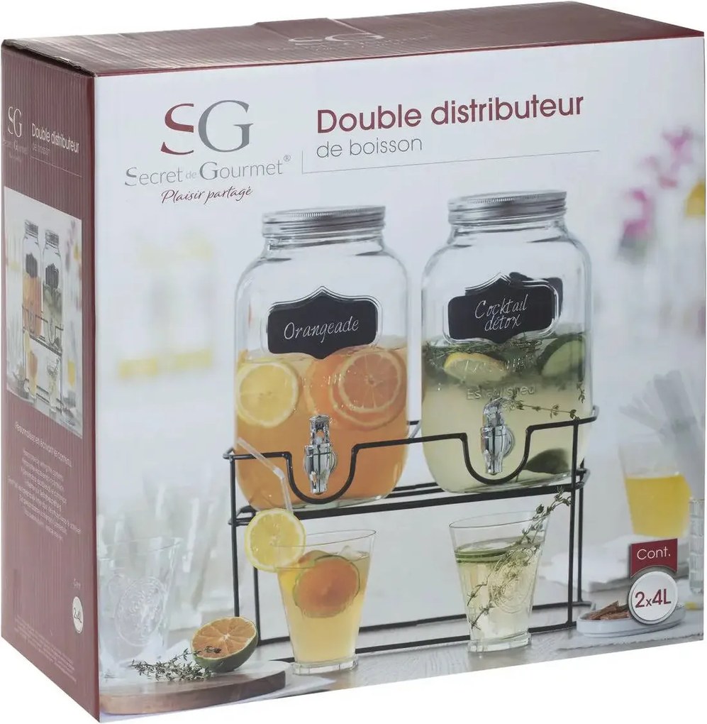 Nádoba na limonádu na stojanu s kohoutkem, skleněná, 4 l x 2 kusy v balení