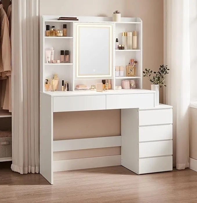 Toaletní stolek Vasagle Ginny 117 cm s LED osvětlením bílý
