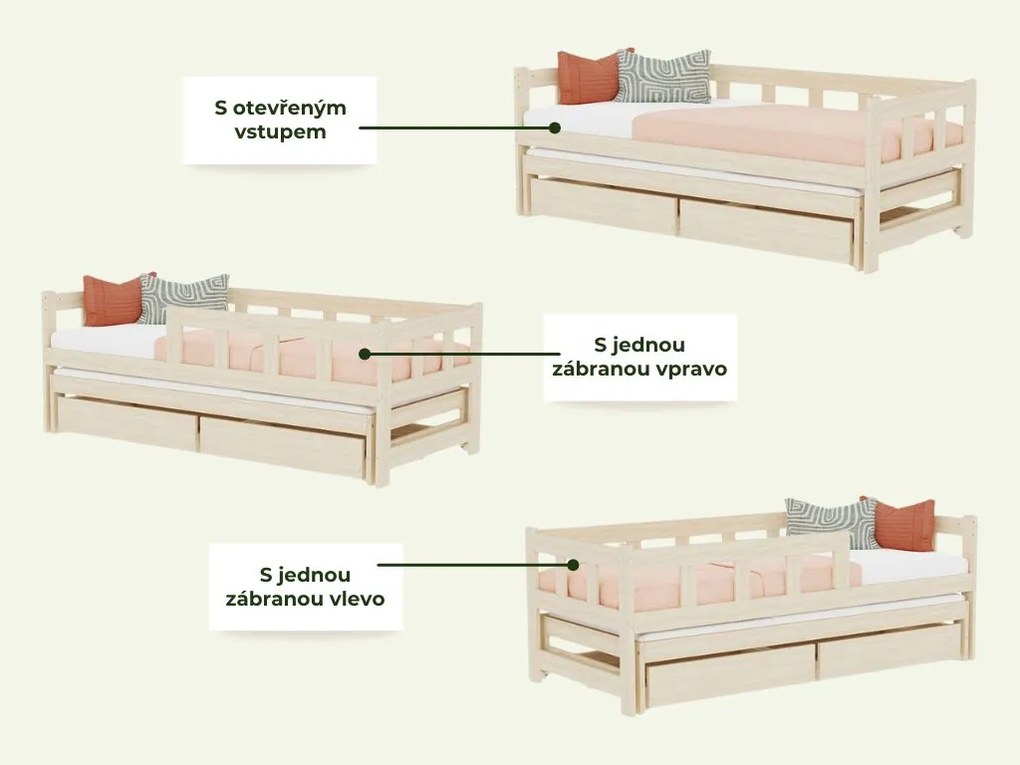 Benlemi Jednolůžko FENCE 90x200 3v1 se zábranou, přistýlkou a 2 úložnými šuplíky Zvolte barvu: Světle šedá, Zvolte zábranu: S jednou zábranou vlevo