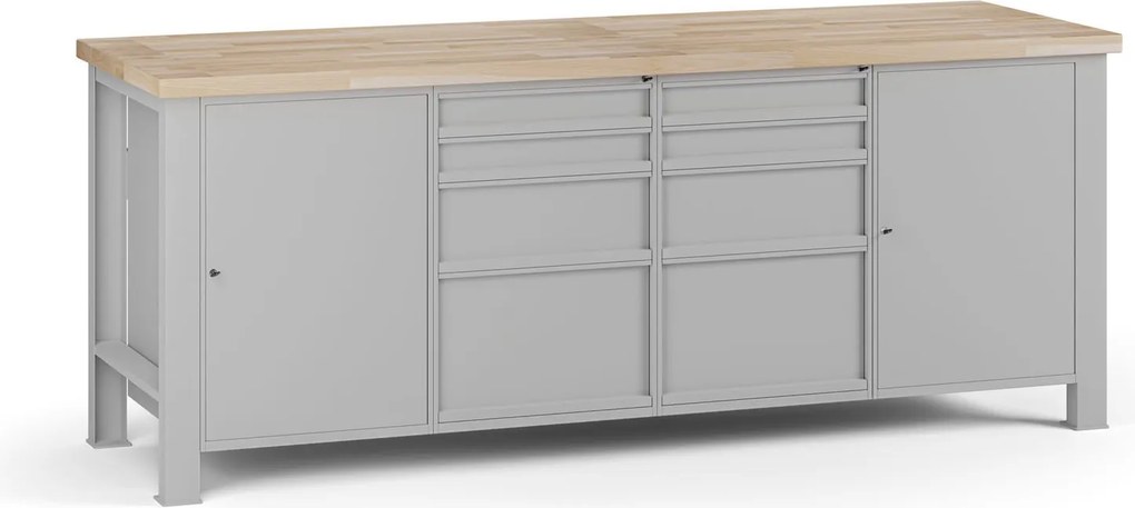 Dílenský pracovní stůl G7, buková spárovka, 2100 x 685 x 840 mm, 2x skříňka, 8 zásuvek, šedá