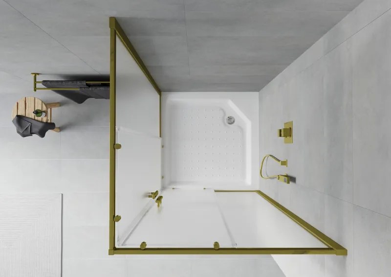 Mexen Rio, čtvercový sprchový kout s posuvnými dveřmi 90 (dveře) x 90 (dveře) x 190 cm, 5mm sklo námraza, zlatý profil + bílá sprchová vanička RIO, 860-090-090-50-30-4510