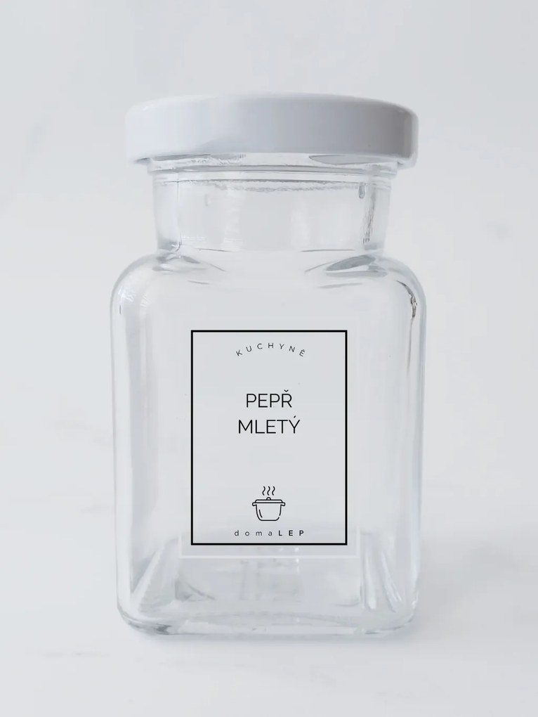 Samolepka na kořenky PEPŘ MLETÝ průhledná 3 × 4 cm základní písmo