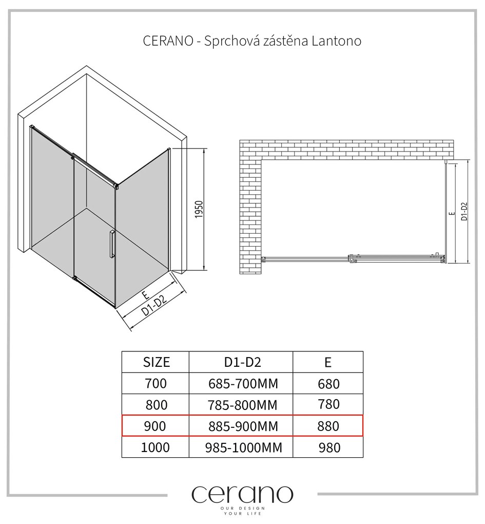 CERANO - Sprchová zástěna pro dveře Lantono L/P - 8 mm - černá matná, grafitové sklo - 90x195 cm - jednodílná pevná, CER-CER-8050BD7246