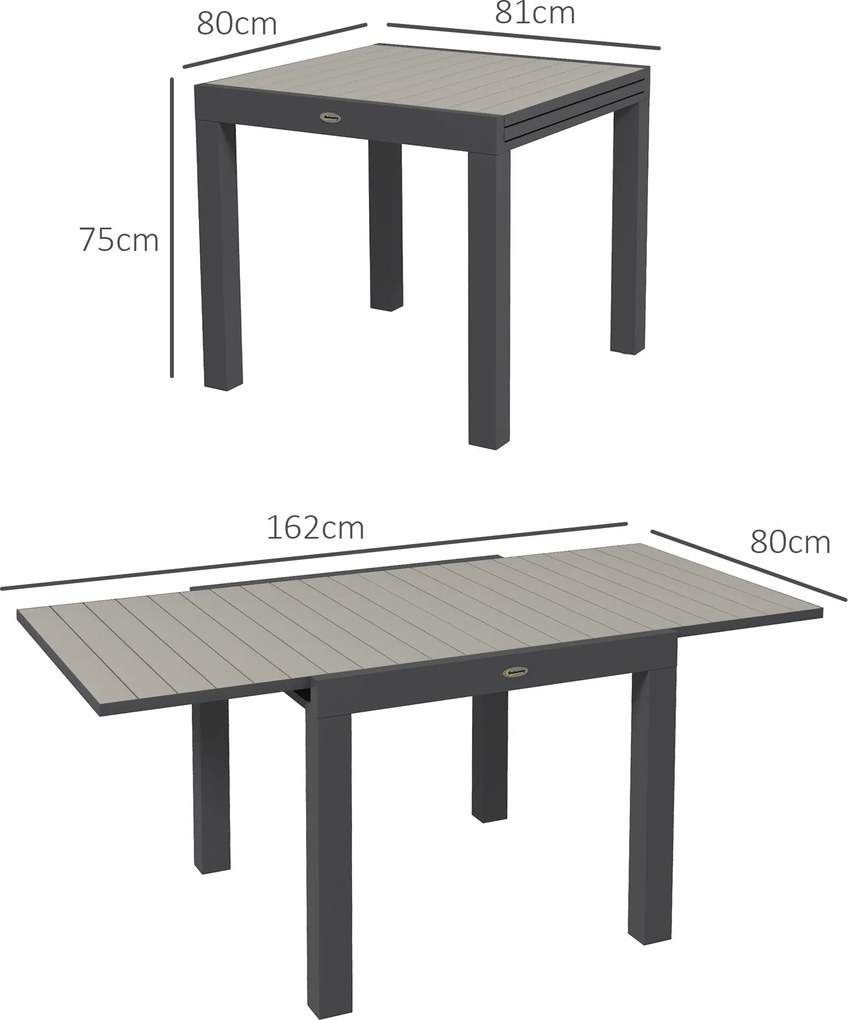 Outsunny zahradní stůl jídelní stůl pro 6 osob, rozkládací stůl na terasu do 70 kg, hliníková šedá 81/162 x 80 x 75 cm pro balkon a zahradu | Aosom.de