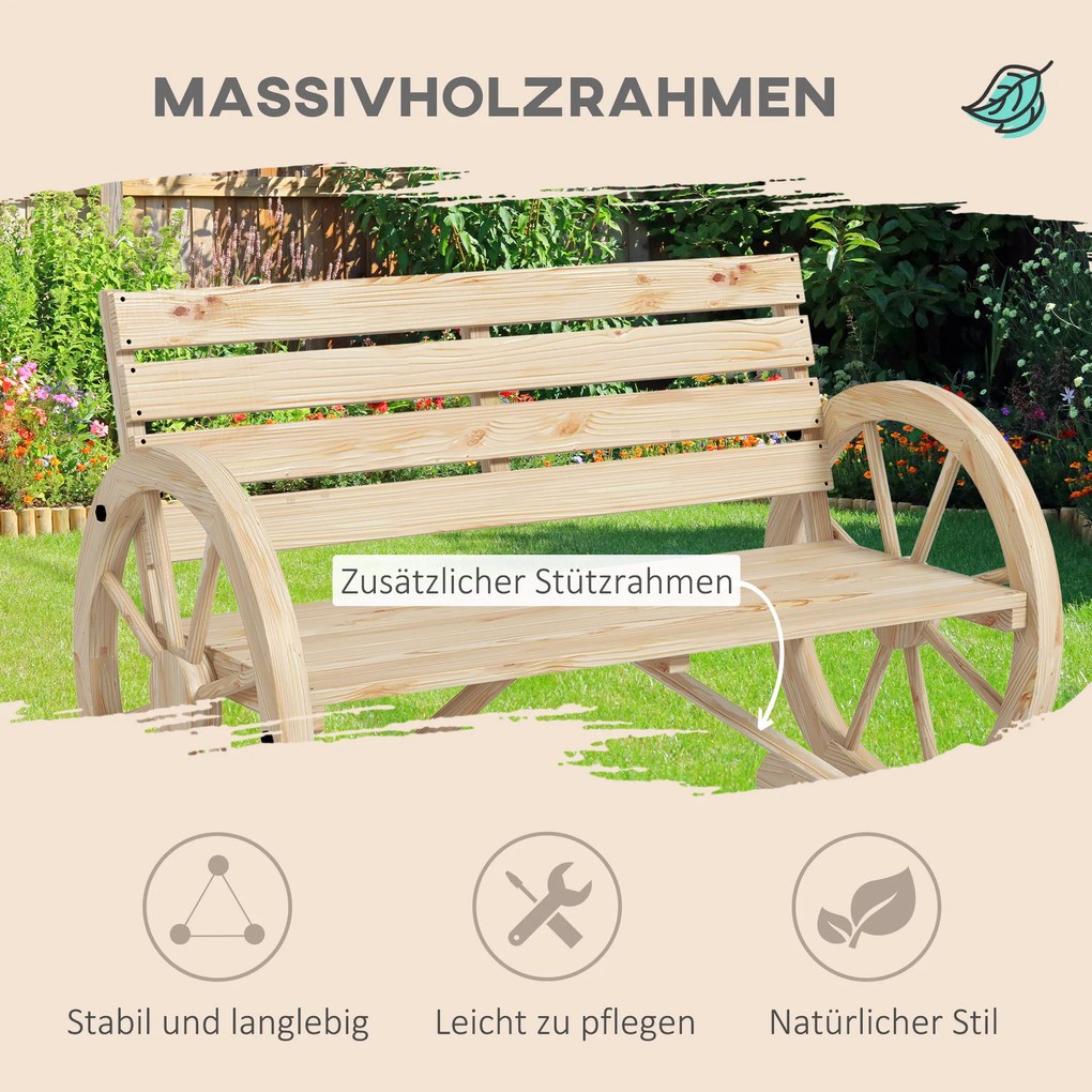 Zahradní lavička Outsunny 2místná, lavička, dřevěná lavička, lavička s područkou ve venkovském stylu, nosnost do 240 kg, jedlové dřevo, přírodní | Ao…