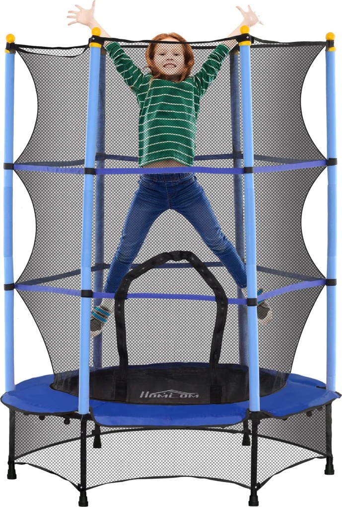 HOMCOM Dětský Trampolína Ø140 cm, Trampolína s Ochrannou Síťkou, Krytem Okrajů, Zahradní Trampolína pro Děti 3-10 Let, Do 50 kg, Modrá | Aosom