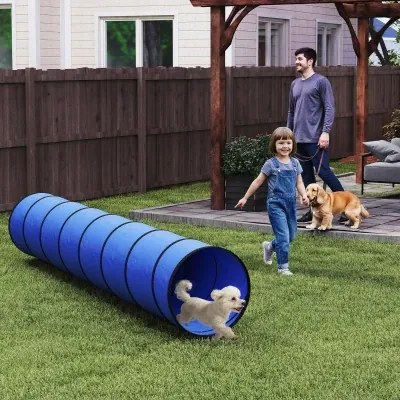 PawHut Psí agility tunel 300 x 50 cm Psí tunel se 4 kotvami do země Přenosná taška Hrací tunel pro malé středně velké psy Modrá barva
