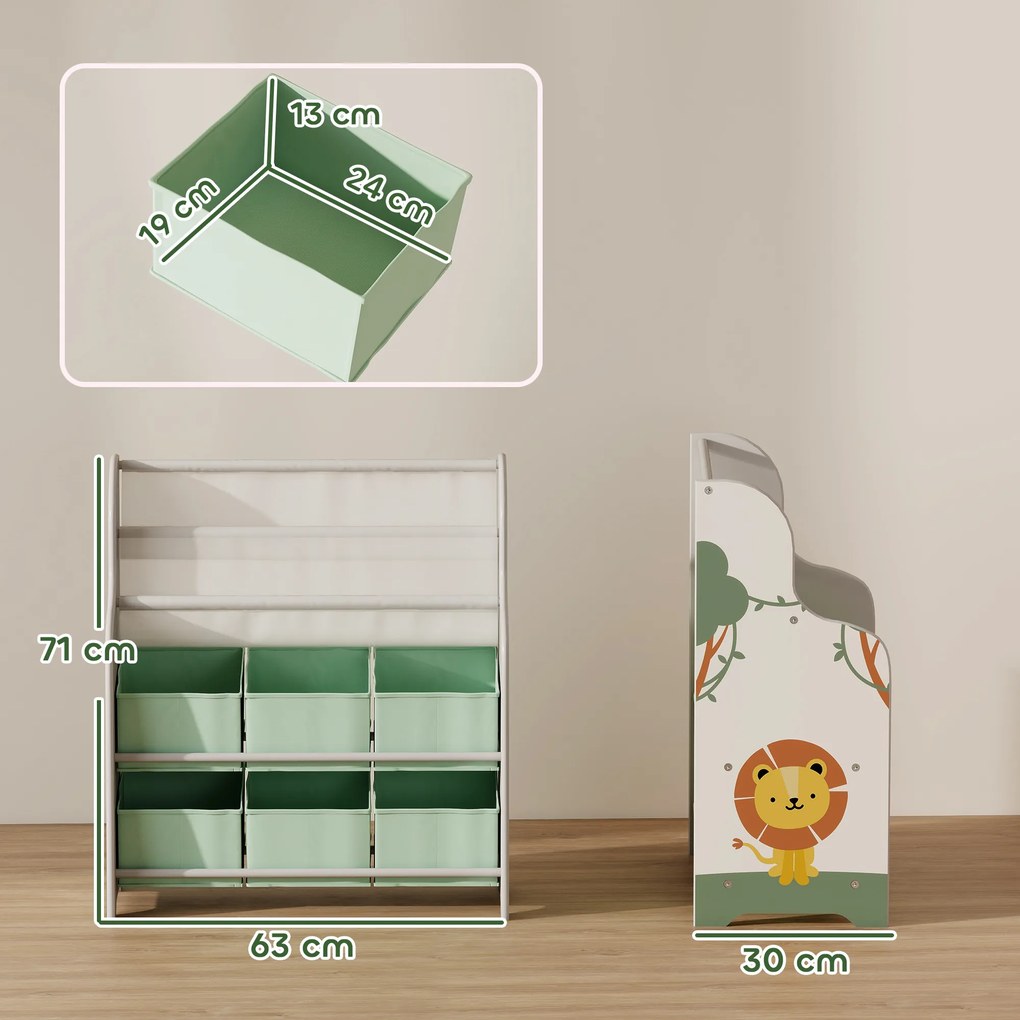 AIYAPLAY dětský regál na hračky se 6 odnímatelnými koši z netkané textilie a 2 policemi pro školku 63x30x71 cm, zelená