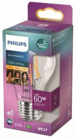 Philips 8718699772130 LED SceneSwitch žárovka 7.5-3-1.6W/60W 806-320-150 A60 E27 2700-2500-2200K 220-240V filament