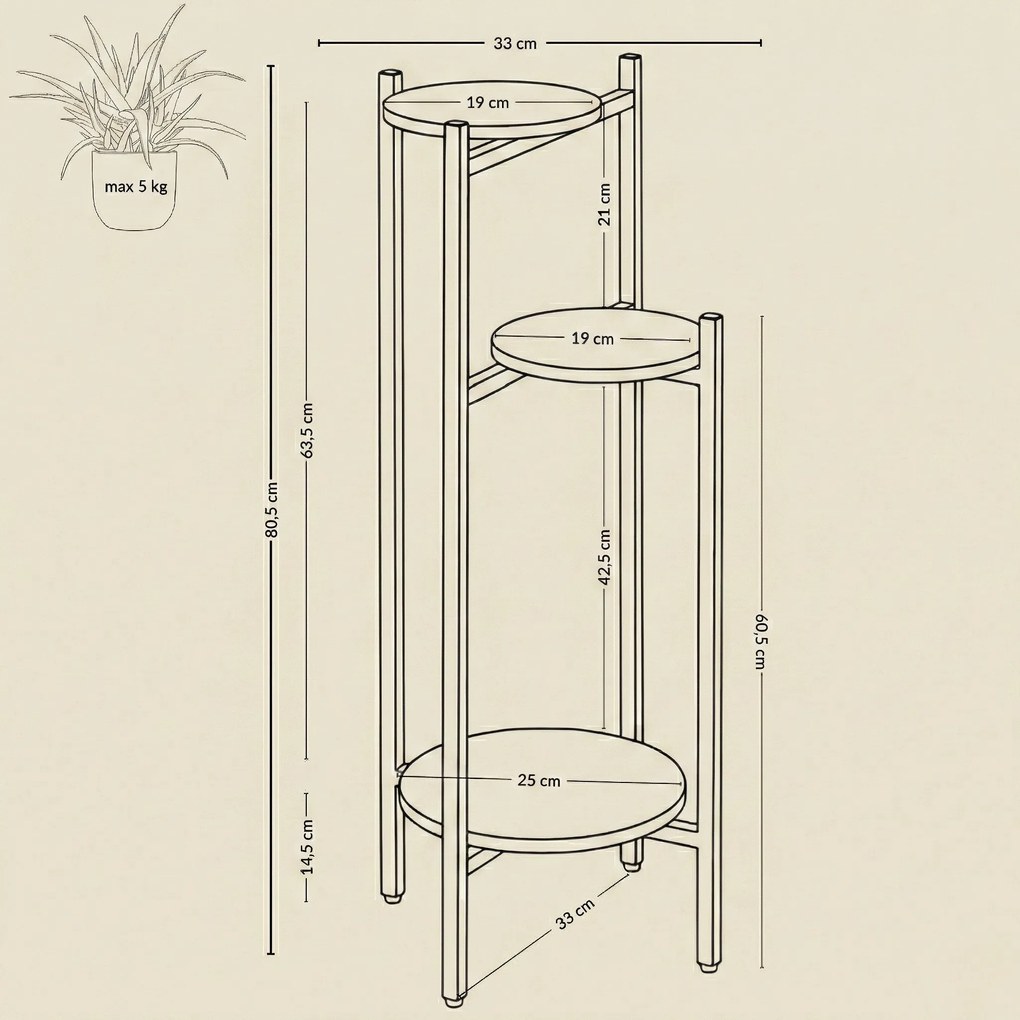Úzký stojan na 3 květiny VERTO, Ø 33 x 80,5 cm