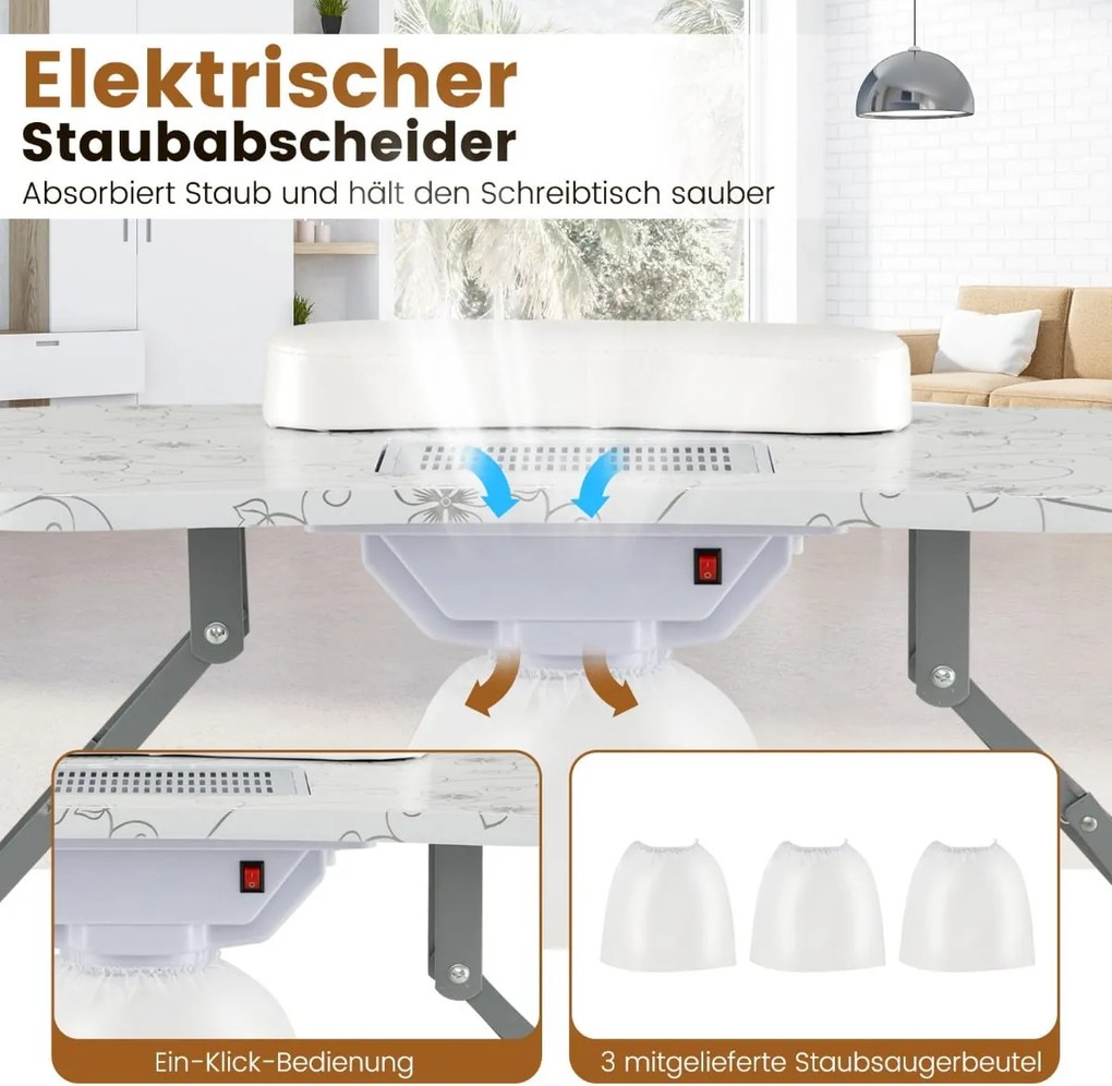 Costway Manikúrní stůl skládací s elektrickým sběračem prachu mramorový vzhled
