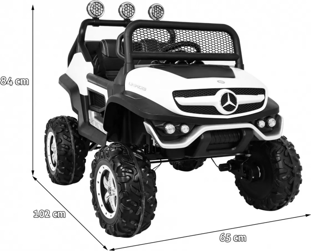 Ramiz Mercedes Benz Unimog elektrické autíčko pro děti bílé + pohon 4x4 + dálkové ovládání + nosič zavazadel + pomalý start + MP3 + LED